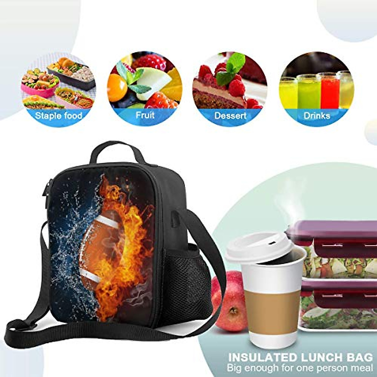 Insulated Durable Lunch Box with Shoulder Strap, Teen Boys/Adult Ice Fire Football Small Lunch Bag, Lunch Tote Box Bag for Office/Picnic/Beach