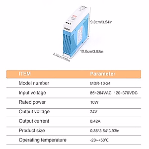 DynMach MDR-10-24 DIN Rail Mounted Power Supply - Input: 85-264VAC; Output: 12VDC, 0.42A, 10W; High Efficiency and Stability, Engineered for Small Scale Industrial Applications
