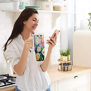 ALAZA Tulip Flower Floral Painting 40 oz Tumbler Stainless Steel Water Bottle Vacuum Insulated Cup with Straw Lid & Handle For Travel Car Cup Holder