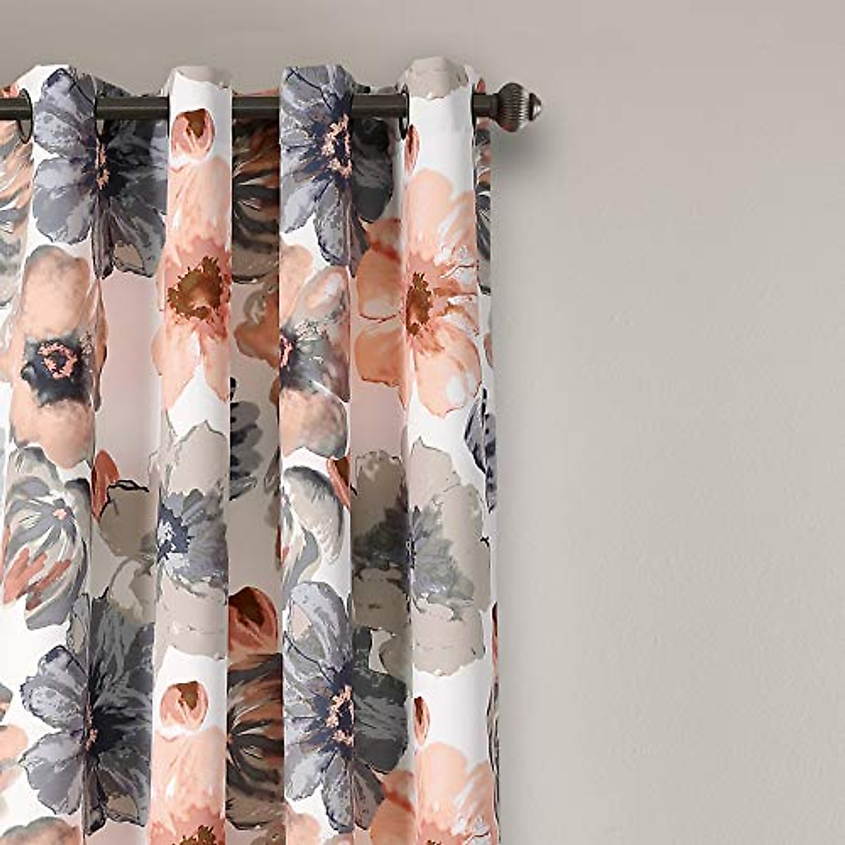 Lush Decor Leah Room Darkening Window Curtain Panel Pair Floral Insulated Grommet, 52"W x 84"L, Coral and Gray