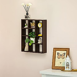 Sziqiqi Wood Floating Shelves 9-Compartment Small Hanging Display Shelf - Rustic Wall Mounted Freestanding Multi-Slot Storage Shelving for Bedroom Kitchen Living Room Bathroom Brown