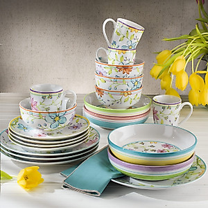 Charlotte Collection 15" Oval Platter and 9" Fruit/Vegetable Bowl, Multicolor Watercolor Floral/Garden Design, 2 Piece Stoneware Serving Set