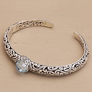 NOVICA Artisan Handmade Blue Topaz Cuff Bracelet Silver Fair Trade Artisan Crafted Sterling Indonesia Floral Birthstone [6 in L (end to End) x 0.3 in W] ' Forest Nymph'
