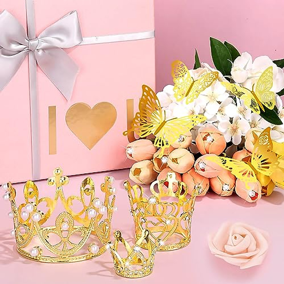 cridoz 163Pcs Flower Bouquet Accessories, 15Pcs Mini Crowns with 48Pcs Gold 3D Butterfly Decorations and 100Pcs Corsage Boutonniere Pins for Flower Arrangements, Small Crowns for Cake Topper