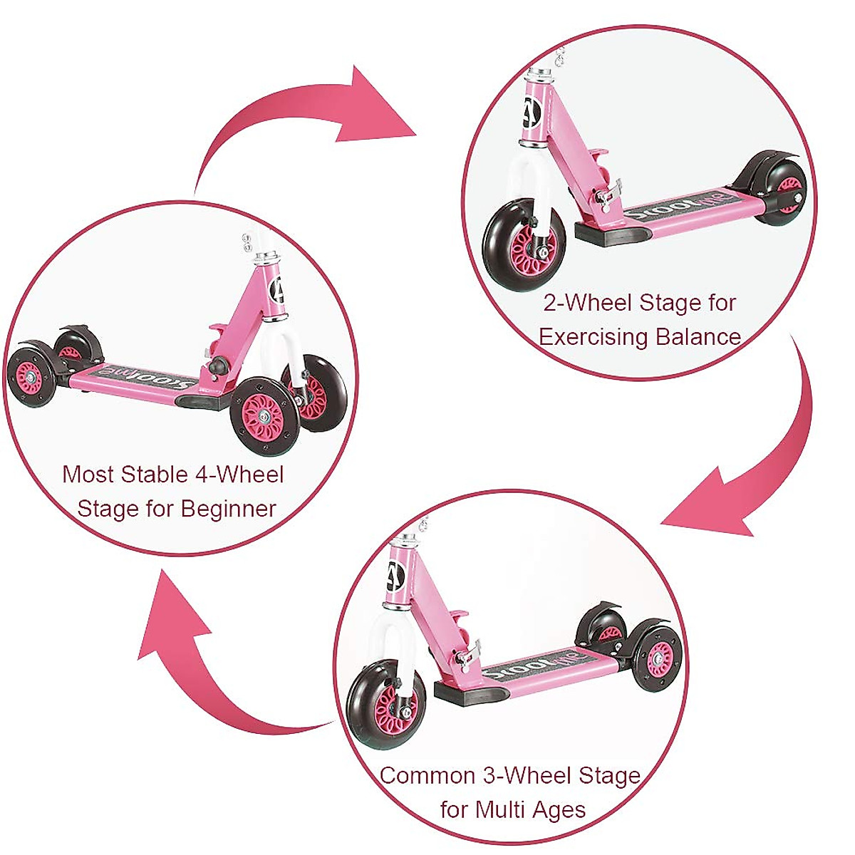 Albott Kid Scooter My 1st Scooter Folding Removable 4 Wheel Scooters for Kids 3 Growth Stage Transformer Toddler Scooters Age 3-5 (Pink)