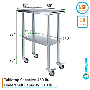 AmGood 30" x 15" Stainless Steel Work Table with Casters | Heavy Duty Metal Utility Table On Wheels | Kitchen Island Cart