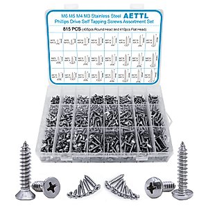AETTL 815pcs M6 M5 M4 M3 Wood Screws Assortment Kit, Metric Stainless Steel Assorted Self Tapping Screws Set Truss Flat Pan Head Phillips Drive Drilling for Deck Drywall Concrete Sheet Metal