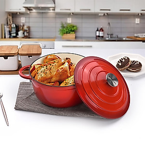 4.5 QT Enameled Cast Iron Dutch Oven with Lid Round Dutch Oven Big Dual Handles Classic Round Pot for Home Baking, Cooking, Red