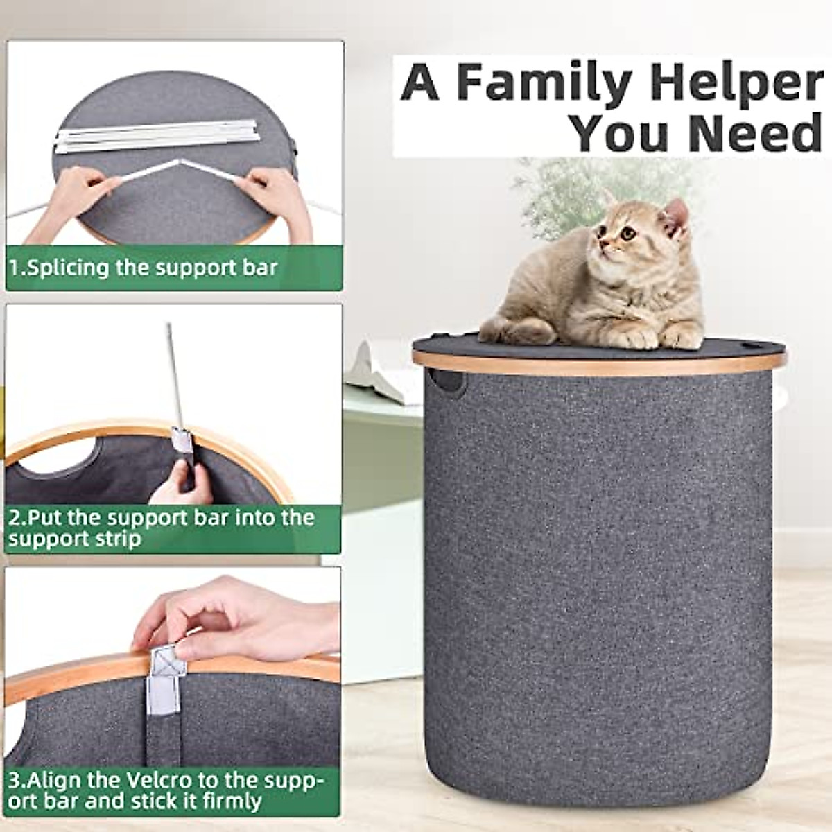 SUPDEJA 90L Laundry Hamper with Lid - Large Laundry Basket with Bamboo Handles, Dirty Clothes Hamper for Laundry, Oxford Tall Round Laundry Baskets for Bathroom and Bedroom