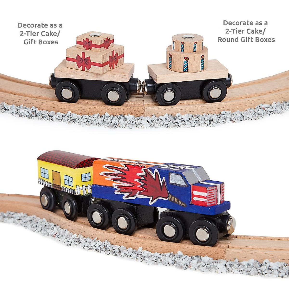Orbrium 8 Unpainted Train Cars with 12 Colors Paint and Paint Brushes Set for Wooden Railway Compatible with Thomas, Chuggington, Brio, for Birthday Party Train Theme
