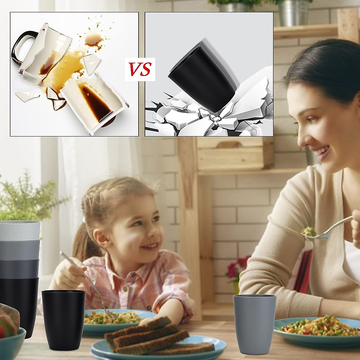 Wheat Straw Cups 8 PCS Good Alternative to Plastic Reusable Cups 12 oz Unbreakable Drinking Cup Reusable Dishwasher Safe Water Plastic Glasses with 4 Colors