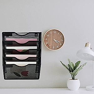 GDINDINFAN 5 Pockets Mesh Hanging Wall File Holder Organizer Wall Mounted Paper Magazine Rack, Black