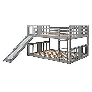 ERDAYE Full Over Full Bunk Bed with Slide and Ladder, Wood Bunkbed w/Safety Guardrails, Solid Slat Support Bedframe for Kids Teens, No Box Spring Needed, Grey