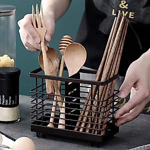 LLygezze Hanging Metal Mesh Utensil Drying Rack, 2 Compartments Draining Basket for Chopsticks Spoon Fork Knife Holder (Coffee)