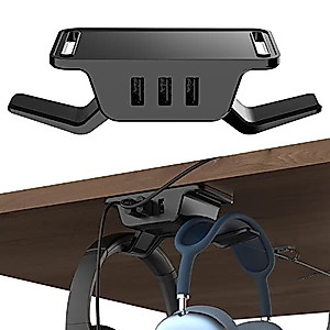 HumanCentric Hook and Charge Headphone Hanger with USB Charger, Under Desk Headphone Mount + Headphone Stand, Charge Accessories with 3 USB A Ports, Hook Headphones on Headset Holder Desk Hook, Black