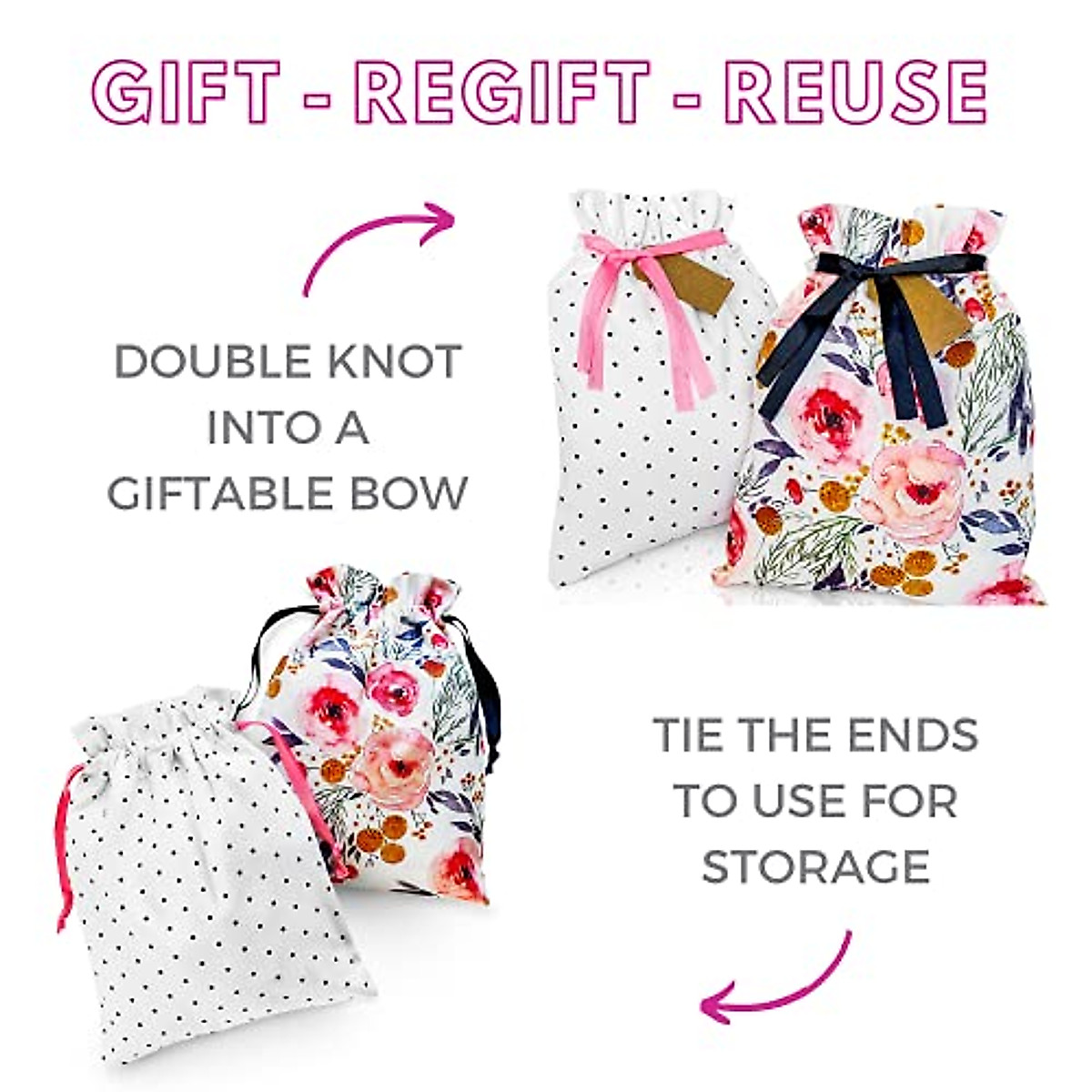 Gather & Knot Drawstring Gift Bags | 16" Medium | Premium Canvas | Reusable Fabric Wrap for Valentines, Weddings, Bridesmaids, Birthdays - All Occasion | Pink Floral