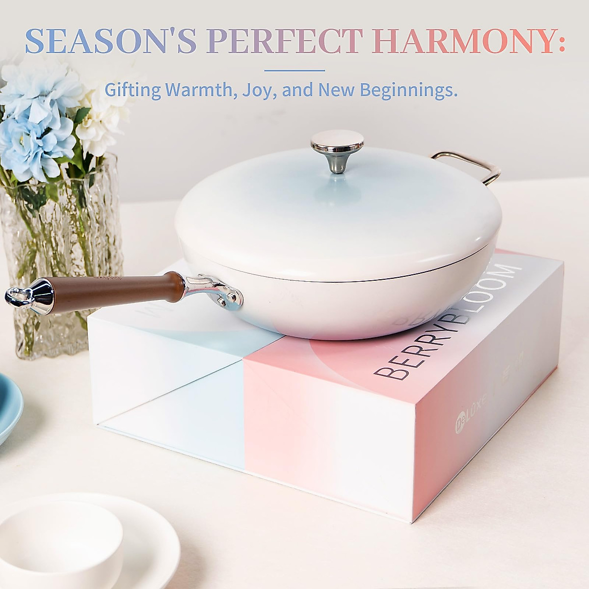 DELUXE Nonstick Frying Pan, Large Non stick Wok Pan with Lid (5 Qt, 12.6") - Non Toxic, PTFE & PFOA Free -Compatible with all Stovetops (Gas, Electric & Induction) -Blue, Gift