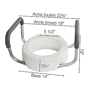 Essential Medical Supply Raised Elevated Toilet Seat Riser for an Elongated Toilet with Padded Aluminum Arms for Support and Compatible with Toilet Seat, Elongated, 19 x 14 x 3.5
