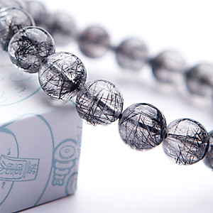 LiZiFang Brazil Natural Black Rutilated Quartz Crystal Round Bead Bracelet 10mm