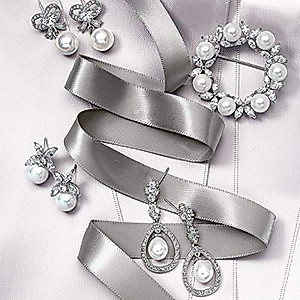 Victorian Style Cocktail Delicate Romantic Wedding Bridal Ribbon Cubic Zirconia White Simulated Pearl CZ Pave Bow Stud Drop Earrings For Women Silver Plated