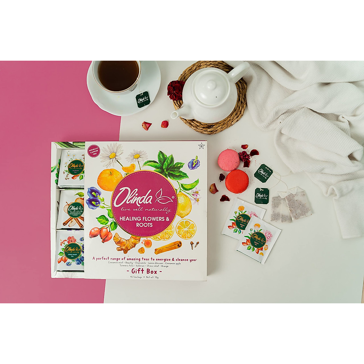Olinda Healing Flowers & Roots Gift Box, 45 Tea Bags, Cinnamon Mint, Beauty, Chamomile, Lemon Blossom, Cinnamon Apple, Turmeric, Valerian, Stress Relief and Orange Teas - 1 box
