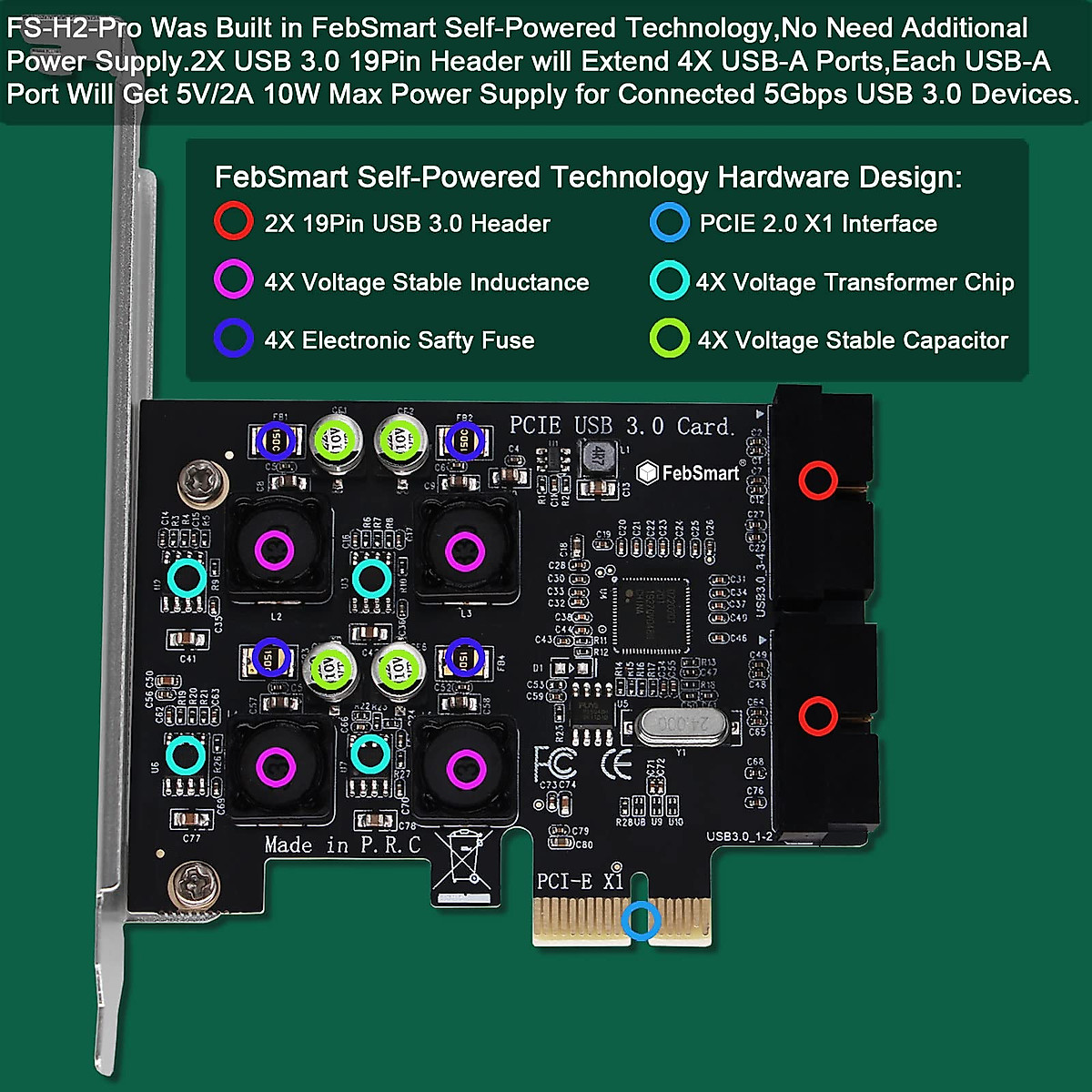 FebSmart 2X 19Pin USB 3.0 Header Ports PCIE USB 3.0 5Gbps Expansion Card for Windows and Linux Desktop PCs, Built in FebSmart Self-Powered Technology, No Need Additional Power Supply (FS-H2-Pro)