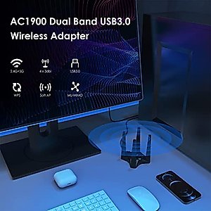 WAVLINK USB3.0 WiFi Adapter, AC1900Mbps Wireless Network Adapter for Desktop PC, Dual Band 5GHz+2.4GHz WLAN with 4X 3dBi High Gain Antennas for Windows 11/10/8.1/8/7/Vista/XP,MacOS 10.7-10.15