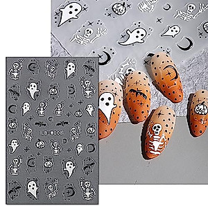 JMEOWIO 8 Sheets Halloween Nail Art Stickers Decals Self-Adhesive Pegatinas Uñas Pink Skull Cute Horror Ghost Spider Web Bat Pumpkin Spook Nail Supplies Nail Art Design Decoration Accessories