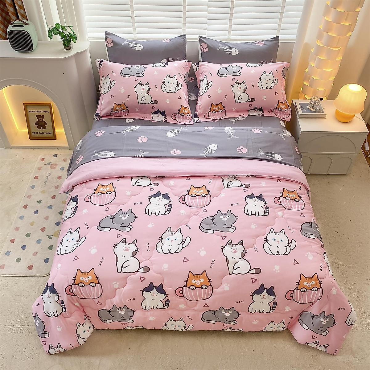 Gusuhome 7 Piece Girls Cats Comforter Set Twin Size Bed in A Bag Pink Cute Cartoon Pet Cat Bedding Set for Kids Boys Teens (1 Comforter, 1 Flat Sheet, 1 Fitted Sheet, 4 Pillow Sham) Gray