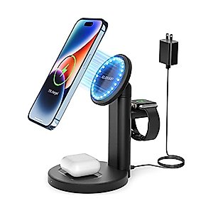 ELEGRP Magnetic Wireless Charger Station, Magesafe Charger 3 in 1 with 18W Adapter, for iPhone 14 (Plus/Pro/Pro Max), iPhone 13&12 (Mini/Pro/Pro Max), iWatch, Airpods/Samsung Headset (Black)