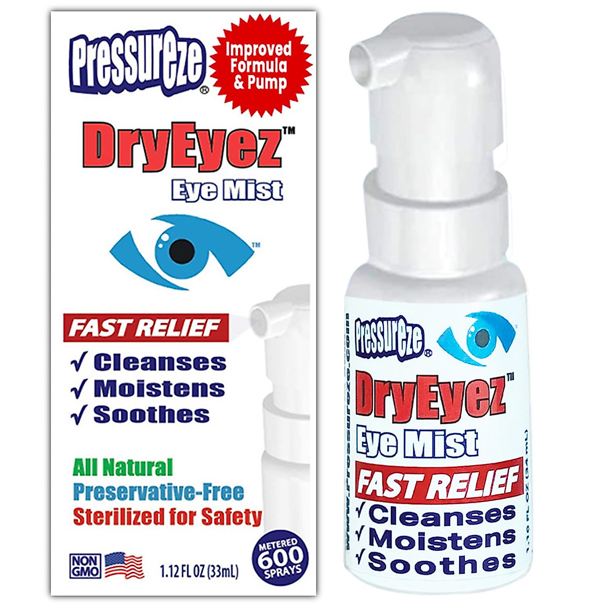 Pressureze DryEyez Natural Eye Relief for Sensitive Eyes. Dry Eyes, Sore Eyes, Irritated Eyes, Preservative-Free, Sterile. Cleanses, Moistens, Soothes 33ml, Made in USA (Pack of 1)