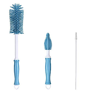 Swiftrans Straight Handle Silicone Bottle Cleaning Brush Hangable Portable Cup Brush Cleaning Kit with Bottle Brush, Straw Brush, Nipple Brush
