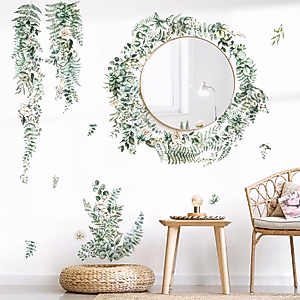 decalmile Large Hanging Vines Wall Decals Green Plants Tropical Leaves Flower Wall Stickers Bedroom Living Room Sofa TV Background Wall Decor