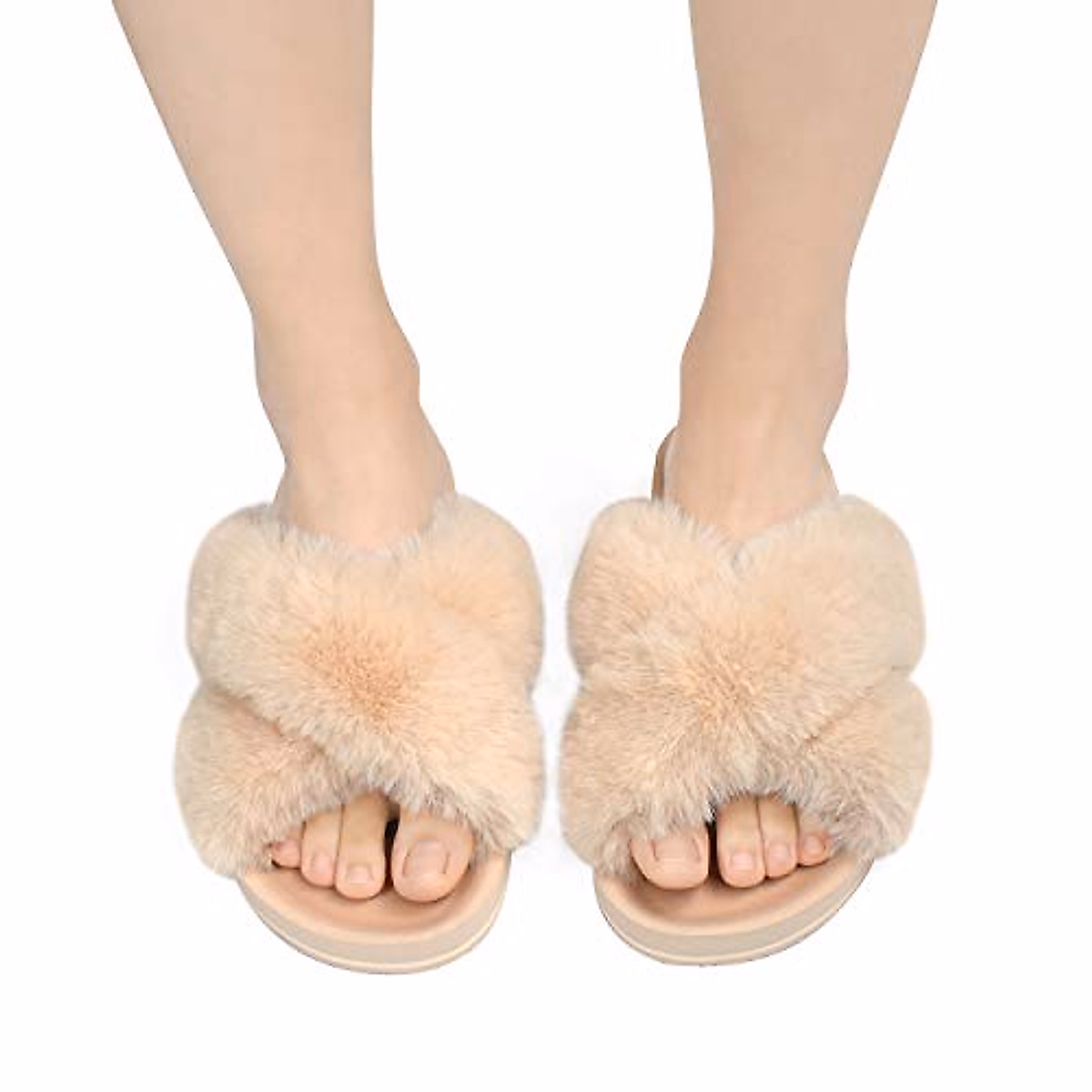 KuaiLu Womens furry ladies slides Open Toe Slippers cozy Lightweight Soft Yoga Mat Cross Band Slippers fluffy warm Slippers