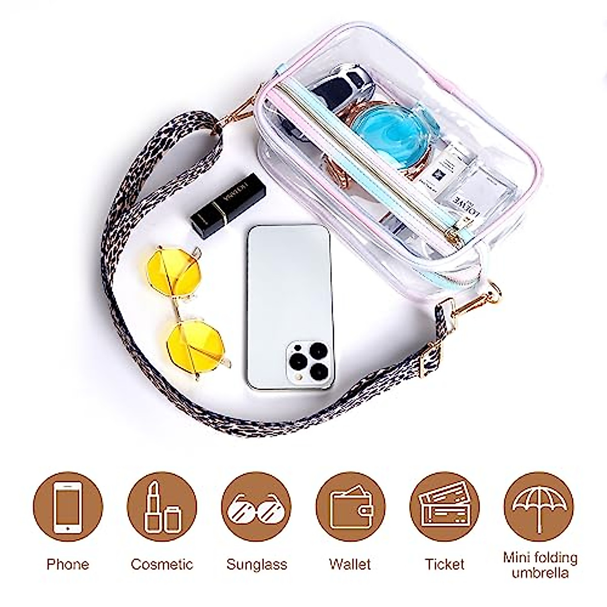 Clear Crossbody Bag stadium approved,Clear Bag for Women men Transparent bag for Concerts Sports for Concerts Sports（Gradual1++Leopard Print Shoulder Strap）
