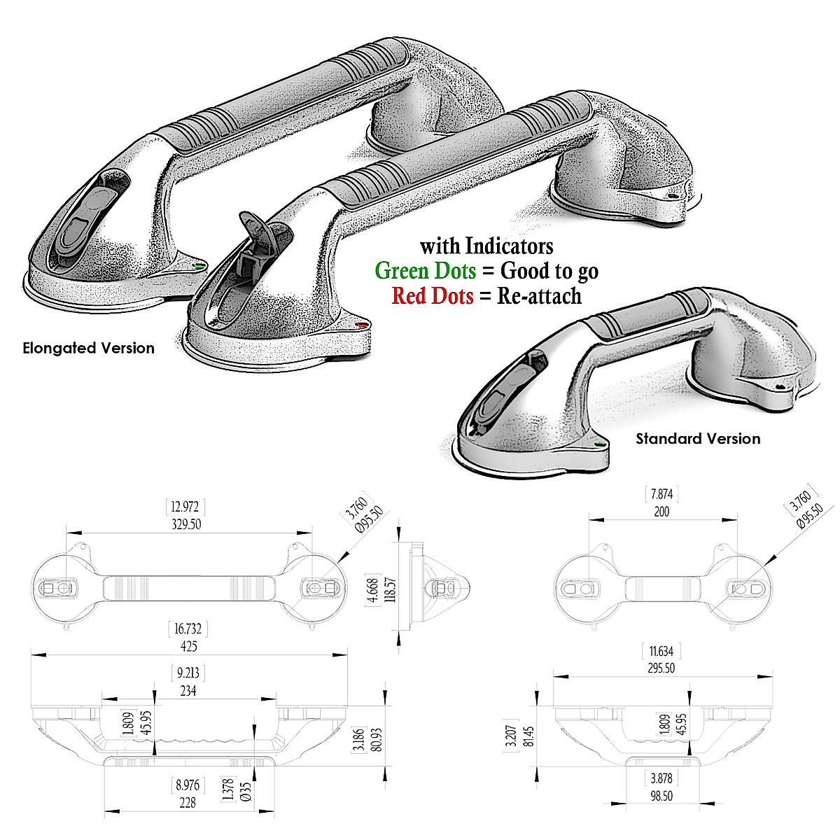 SAFETY+BEAUTY Suction Shower Grab Bar, Bath Tub Handle with Indicator, Anti-Slip Grip, Metallic Silver Dual Tone (Grey, 17 inch)