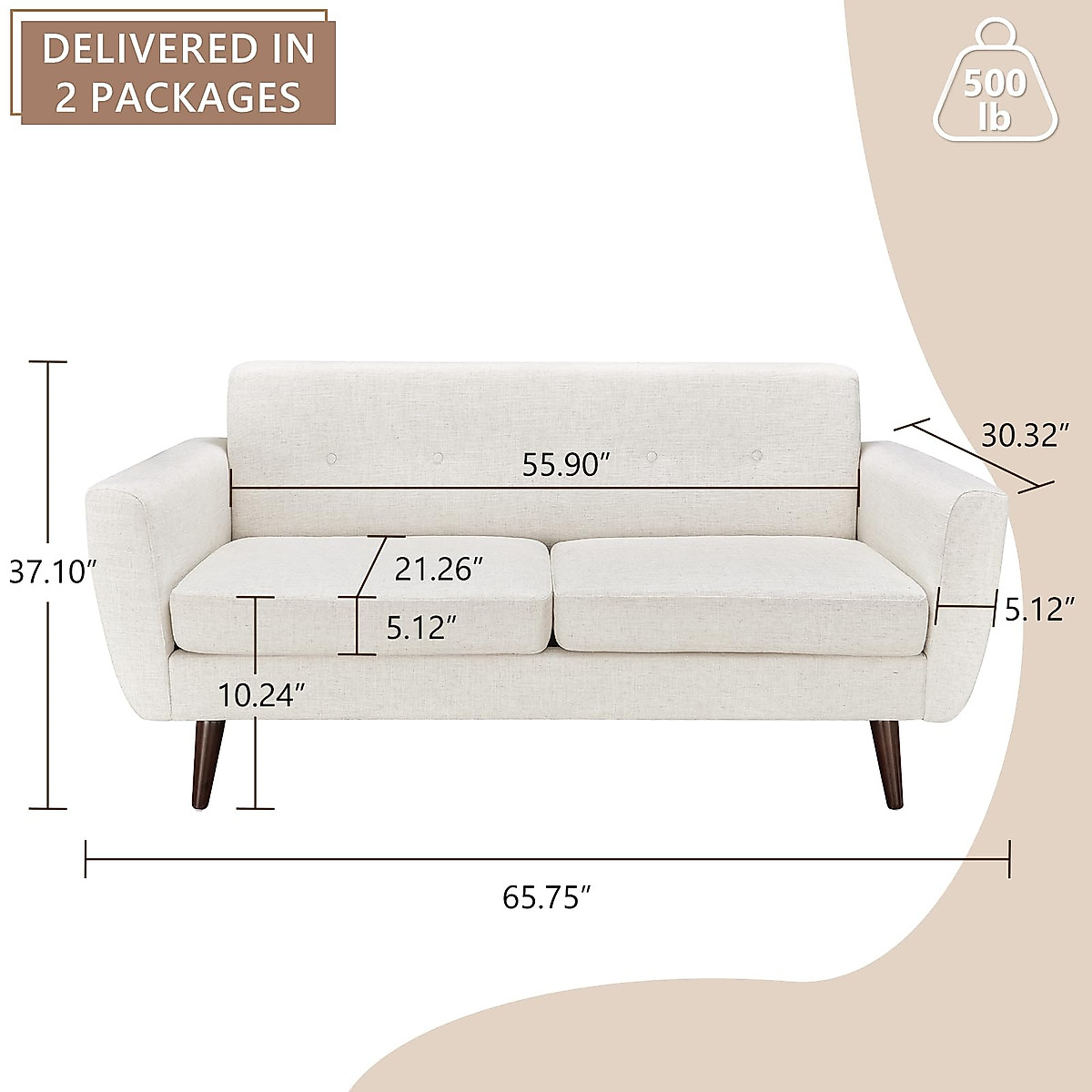 kinmars 65.75" W Loveseat Sofa, Button Tufted Upholstered Small Couch, Comfortable Small Sofa, 2 Seater Fabric Loveseat, Mid Century Modern Couch for Living Room, Bedroom, Dorm (Beige-5)