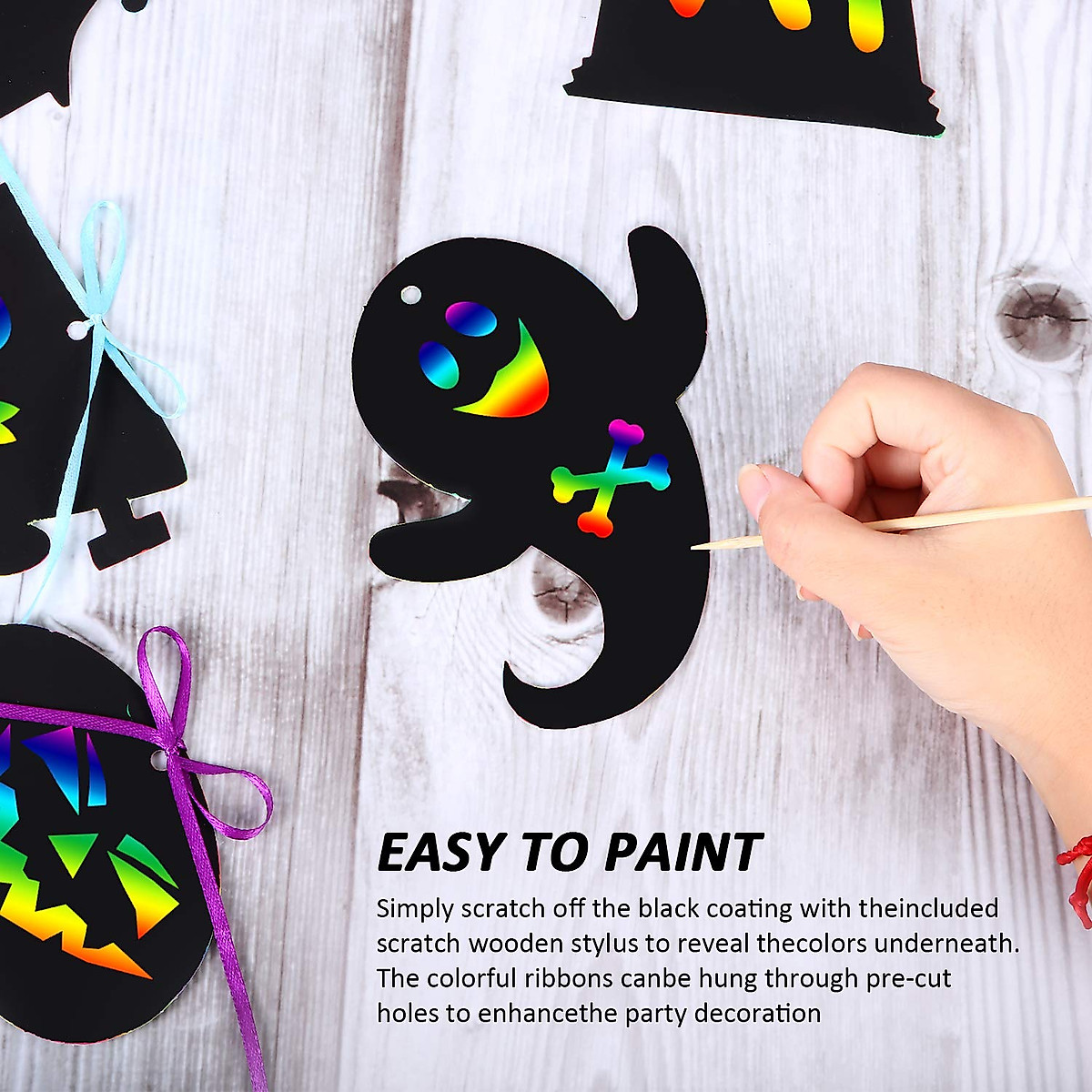 Blulu 48 Pieces Halloween Scratch Paper Rainbow Witch Pumpkin Scratch Crafts Kit Halloween Hanging Ornaments Art with Wooden Stick and Rope for Party Decoration DIY Supplies