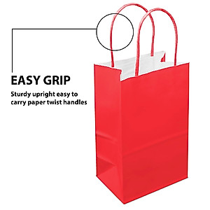 Dsquare 24ct Food Safe Premium Paper & Ink Color Kraft Bag with Handle 8.5 x 5.25 in - Party Favor Gift Bags with Handle, Color Goody Bag, Paper DIY Bag, Environmentally Safe (Small, Red)