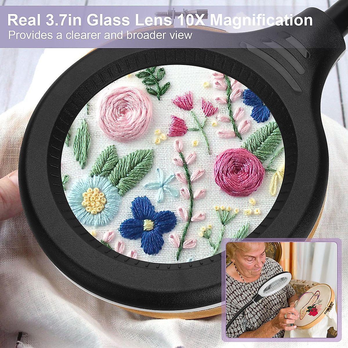 Jeedefi 2-in-1 10X Magnifying Glass with Light and Stand, 5 Color Modes Stepless Dimmable LED Magnifying Clamp Lamp, Desk Lighted Magnifier Hands Free for Crafts Close Work Painting Hobby, Black