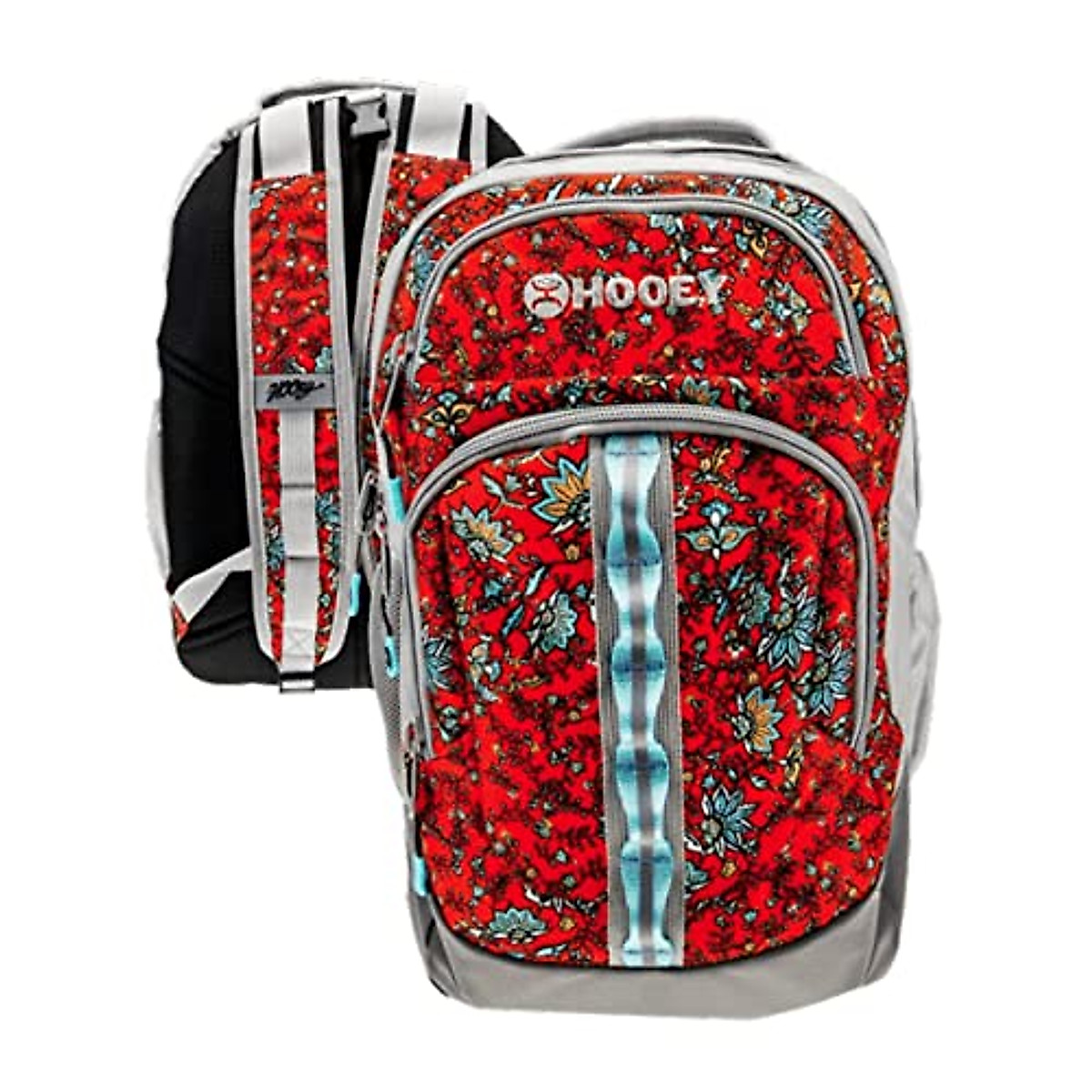 HOOEY Ox 40 Liter School Hiking Backpack Rain Cover Hat Strap Laptop Sleeve Hydro Pockets (Gray/Red/Blue)