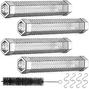 4 Pcs Pellet Smoker Tube 12 Inch Stainless Steel BBQ Wood Pellet Tube for Smoking with Cleaning Brush and 8 S Shape Hooks for Hours of Billowing Cold Hot Smoking for All Grills or Smokers