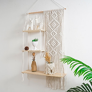 MIATTCLD Macrame Wall Hanging Shelf Boho Wood Floating Storage Shelf, 3 Tier Display Shelving for Hanging Plants Photos, Rustic Wall Decor with Tassel and Woven Rope for Home Bedroom Living Room