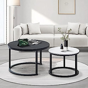 MASAKA B&W 27.5 Inch Round Wood Tables 2 Pack, Coffee Tables for Living Room Set of 2, Small Coffee Tables for Small Spaces, Center Table Modern Black with White