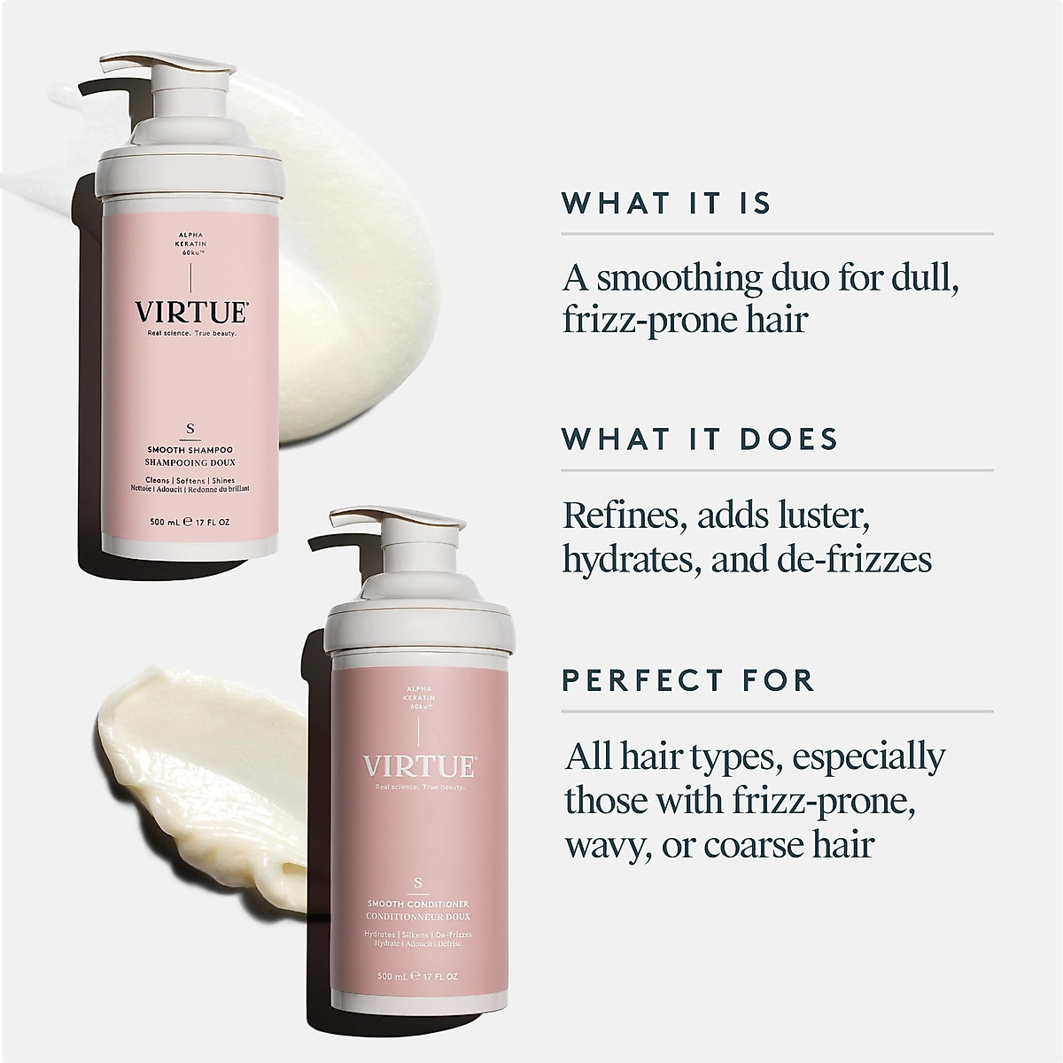 Virtue Smooth Sulfate Free Shampoo and Conditioner Set for Frizz Control for Curly Hair, Safe for All Hair Types, Color Safe