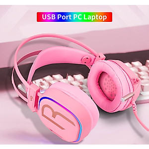 Moddi PC Gaming Headphones, 7.1 Stereo Surround Sound Headset with Noise Cancelling Microphone, USB Plug for Desktop, Computers Pink