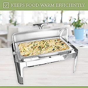 8 Qt Full Size Roll Top Chafing Dish Bundle Stainless Steel - 1 Full Size and Food Pans, 1 Water Pan, 1 Sectional Food Pan, 1 Tung and 1 Serving Spoon - Fuel Holders and Lid + Free Apron,