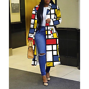 Women's Colored Geo Turn Down Collar Trench Coat Colorful Outerwear Cardigan Long Blazer Jacket(YE-2XL) Yellow