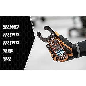 Southwire 21510N clamp meter; third-hand test probe holder; 400A AC current range; CAT III 600V safety rating; built-in non-contact voltage detector; 5 year warranty; Black Brown