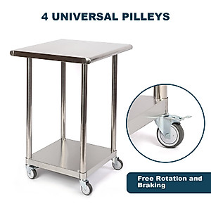tonchean 24 × 24 × 36in Stainless Steel Workbench with Wheels, NSF Heavy Duty Commercial Workbench with Adjustable Shelves and Caster Brake Cart for Commercial Kitchen, Hotel, Laundry, Storage, Home